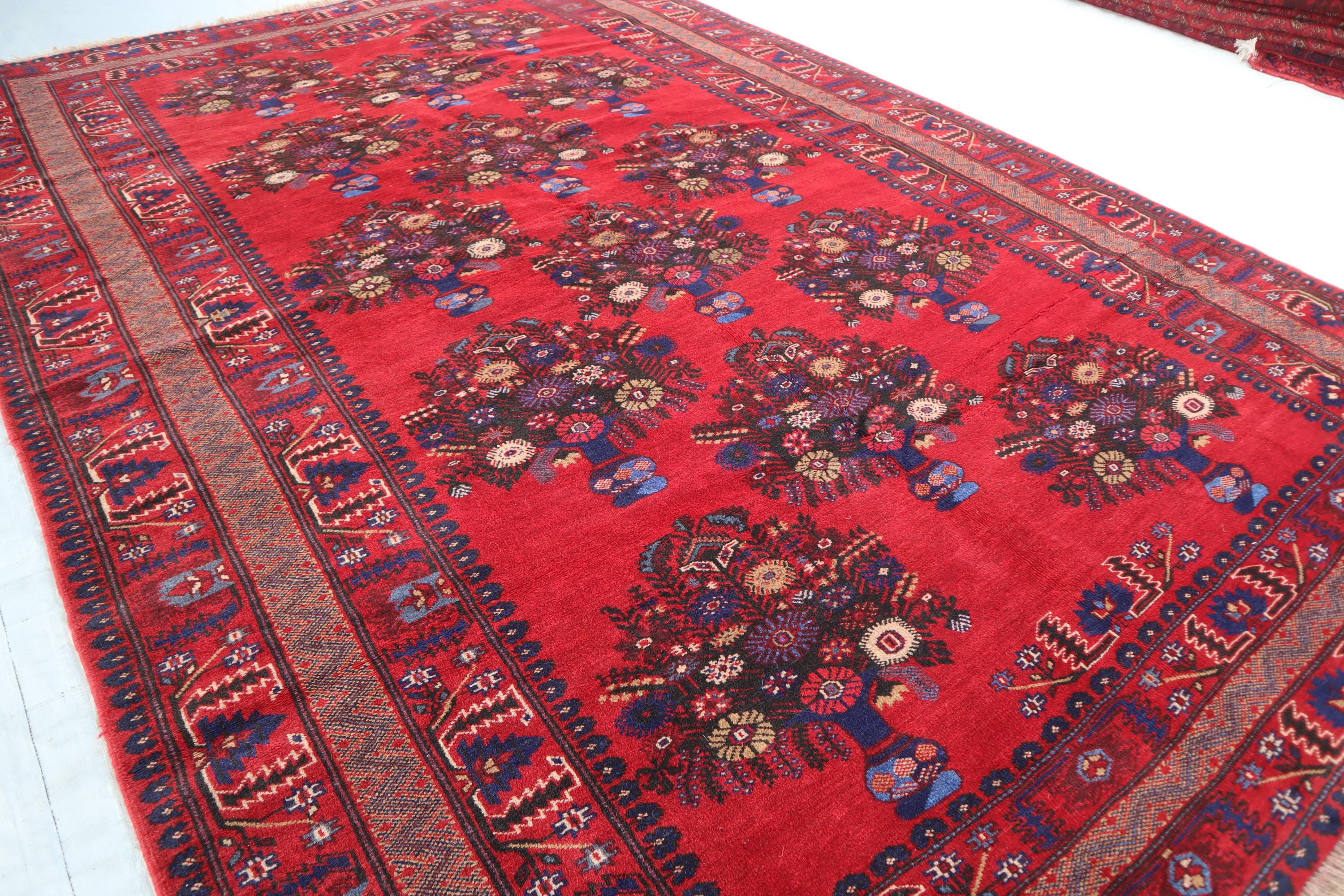 Antique Floral Rug 9.5x6.5 Ft- Deep Red Vintage Handmade Rug- Turkmen ...