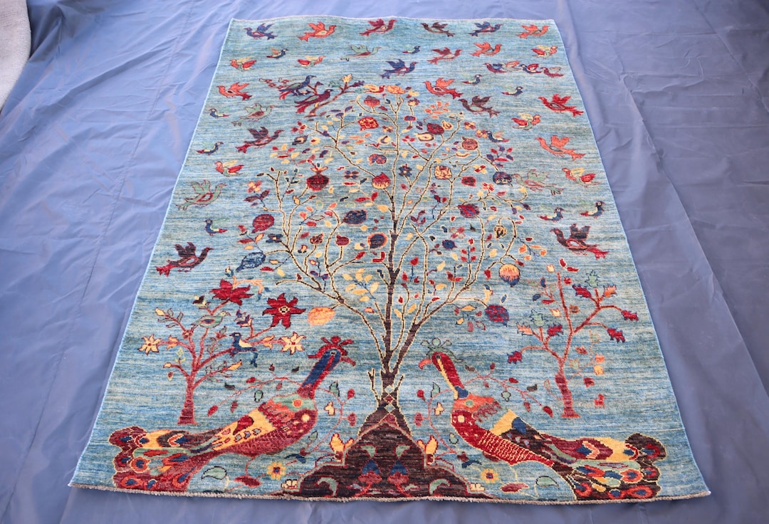 5x7 Blue Pictorial Rug, Afghan Veg Dyes Hand Knotted Wool Area Rug ...