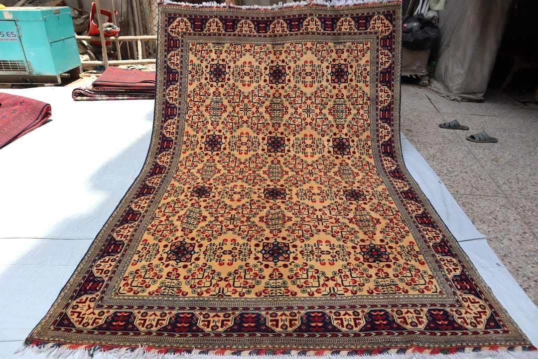 6'4x9'6 Ft Vintage Beige Area Rug, Afghan Beige Bokhara Rug, Turkmen ...