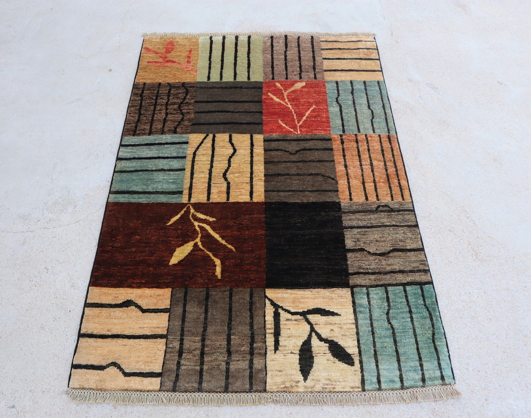 Afghan Gabbeh Rug 3.3x4.8 Ft- Multi Colored Modern Rug- Afghan Hand ...