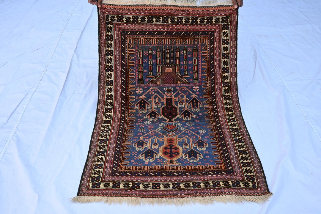 Antique Prayer Rug 4.3x2.10 Ft Blue Turkmen Hand Knotted Sumak Prayer ...