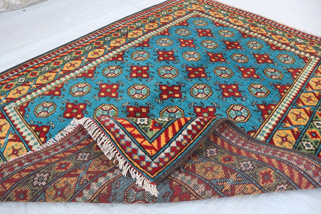 Blue Modern Bukhara Rug 4'10x6'5 Ft Organic Blue Hand Knotted Wool Rug ...