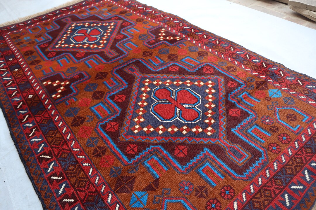 4x6 Ft Blue Gold Antique Navajo Pattern High Pile Balochi Rug- Vintage ...