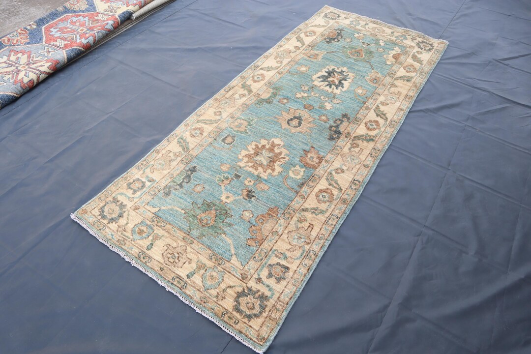 Light Blue Runner Rug 2'8x6'5 Ft- Floral Design Afghan Handmade Wool ...