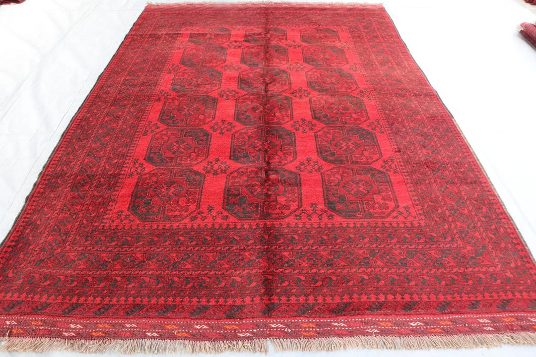 6'10x9'8 Ft Turkmen Vintage Tekke Rug, Red Black Afghan Hand Knotted ...
