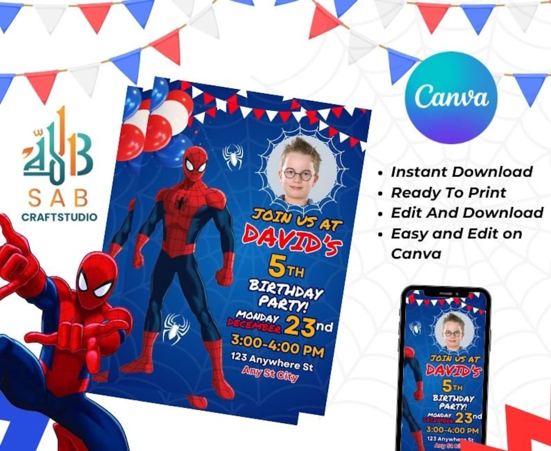 Editable Spiderman Birthday Party Invitation Card Template - Etsy