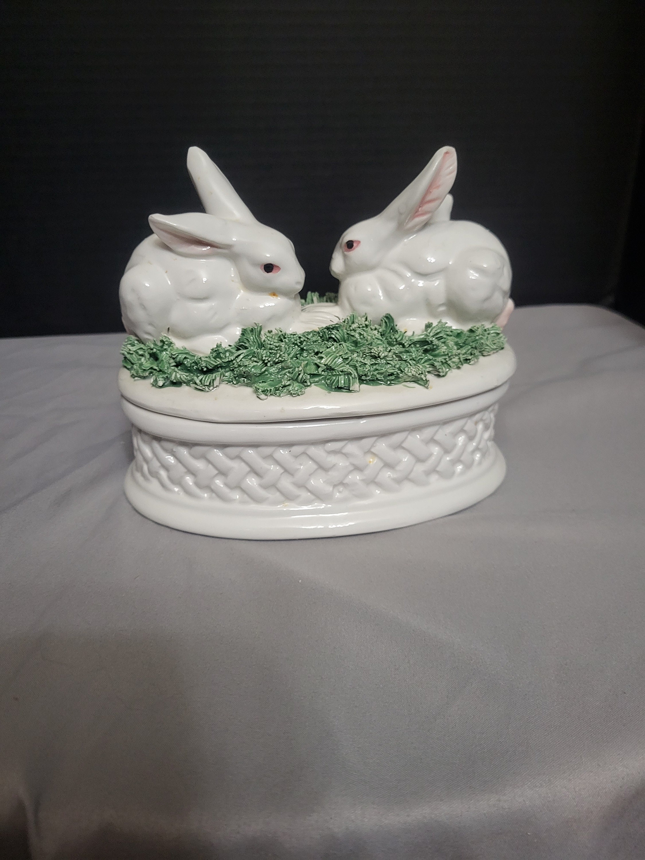 Vintage Italian Hand Painted Mojalica Oval Box With Rabbits and Grass ...