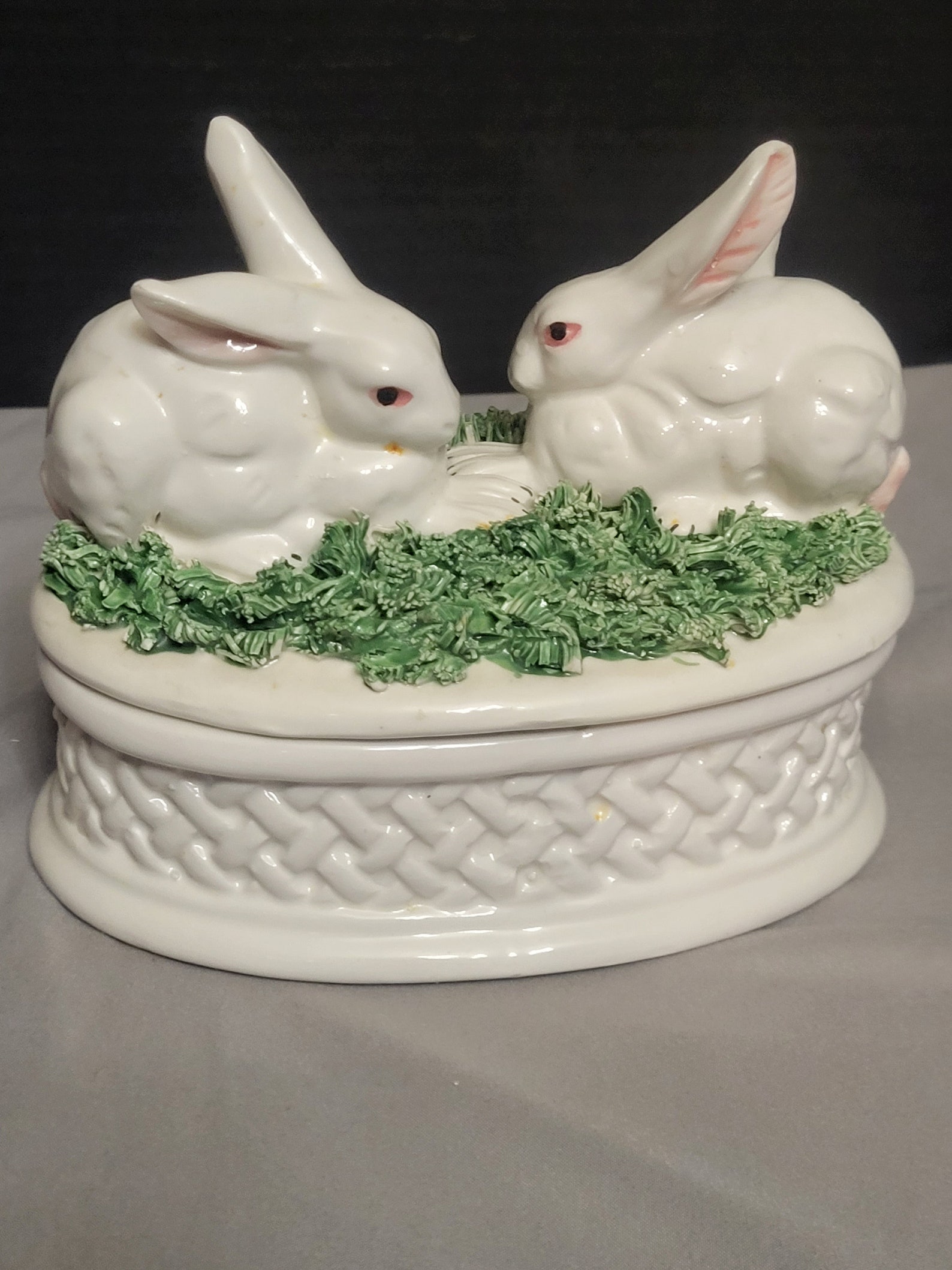 Vintage Italian Hand Painted Mojalica Oval Box With Rabbits and Grass ...