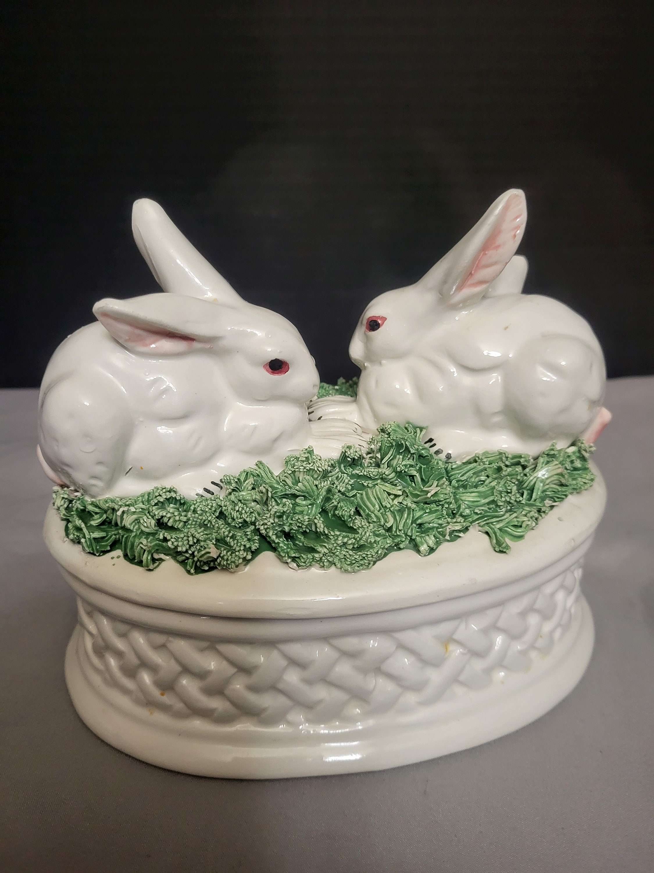 Vintage Italian Hand Painted Mojalica Oval Box With Rabbits and Grass ...