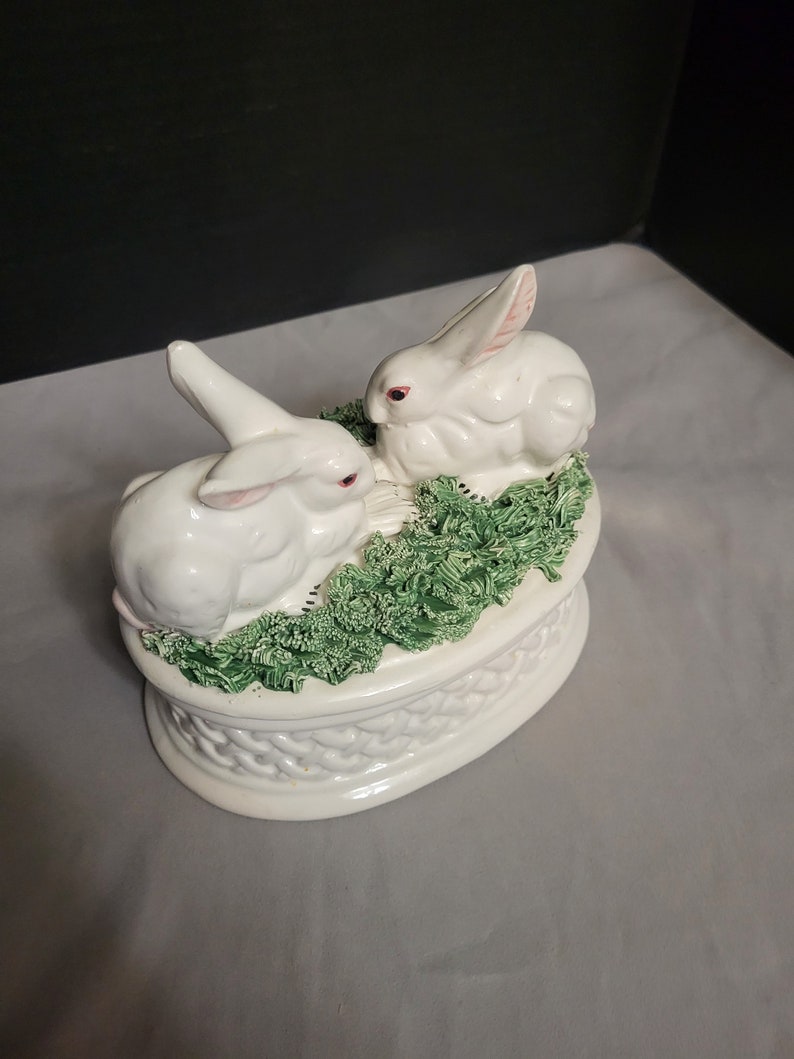 Vintage Italian Hand Painted Mojalica Oval Box With Rabbits and Grass ...