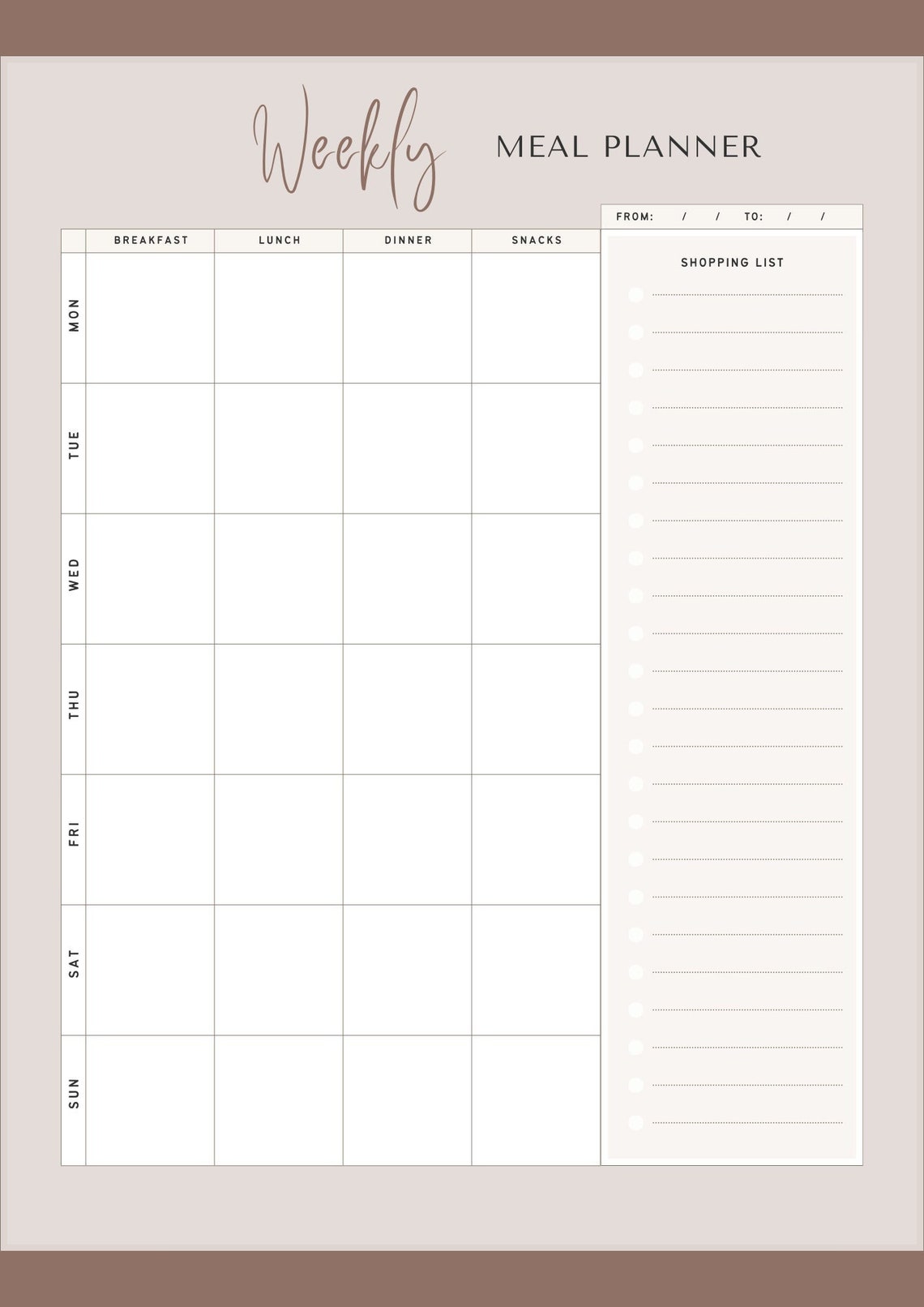 Weekly Meal Planner Printable Daily Food Journal, Grocery List, Food ...