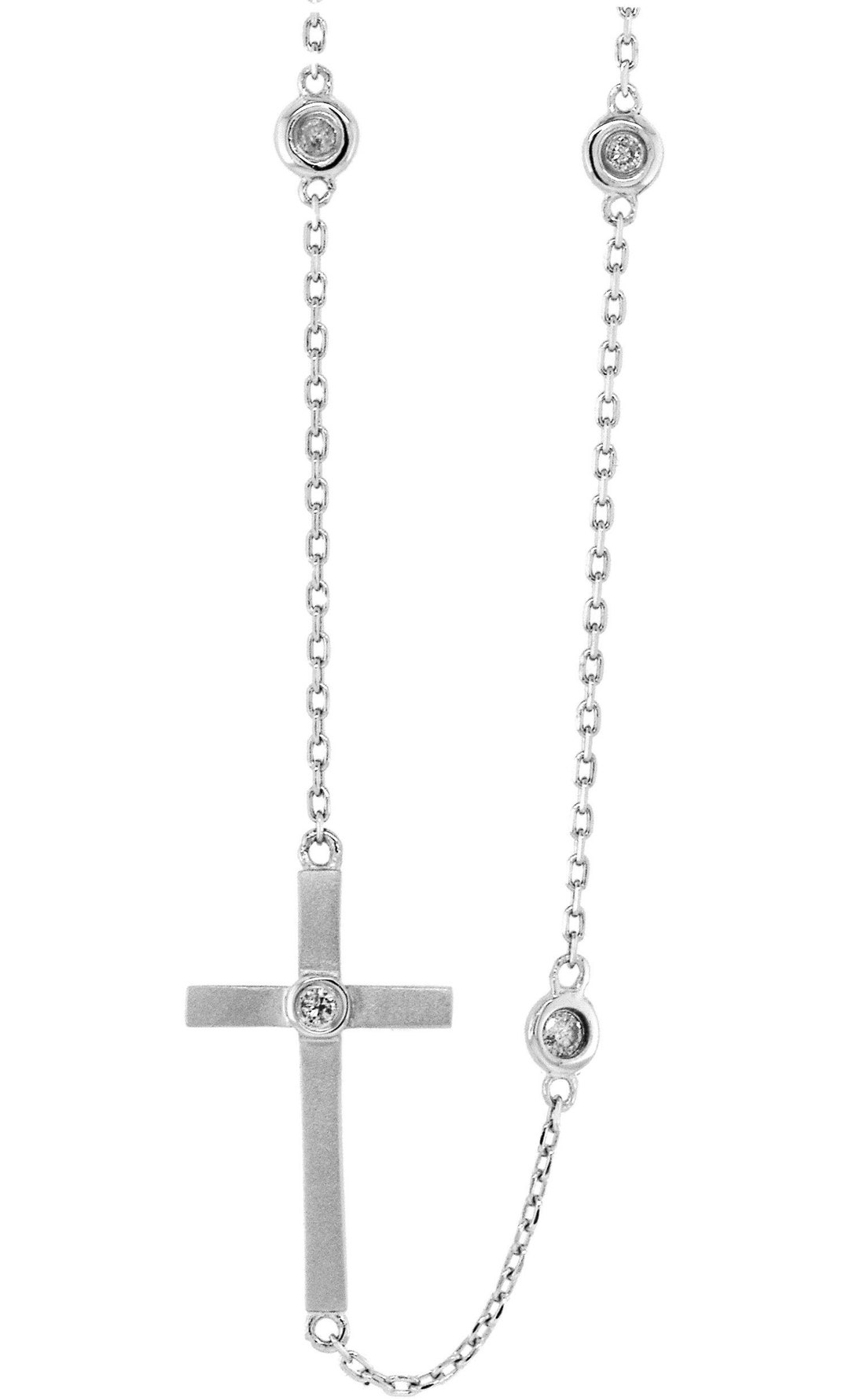 Sideways Cross W/ Real Diamonds, Adjustable 16"-18" Chain, Satin Finish ...
