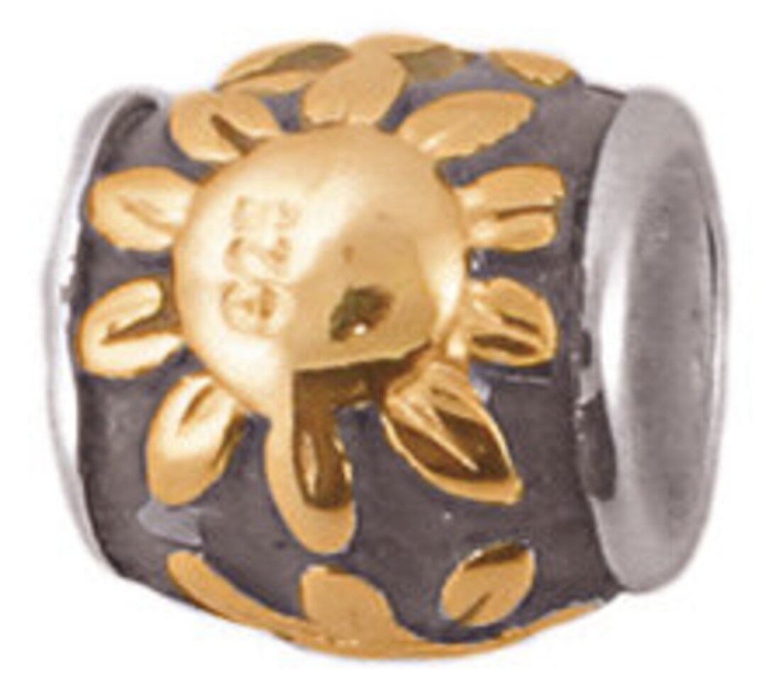Gold Sunflower Barrel Charm Bead, Real Sterling Silver, Pandora, Zable ...