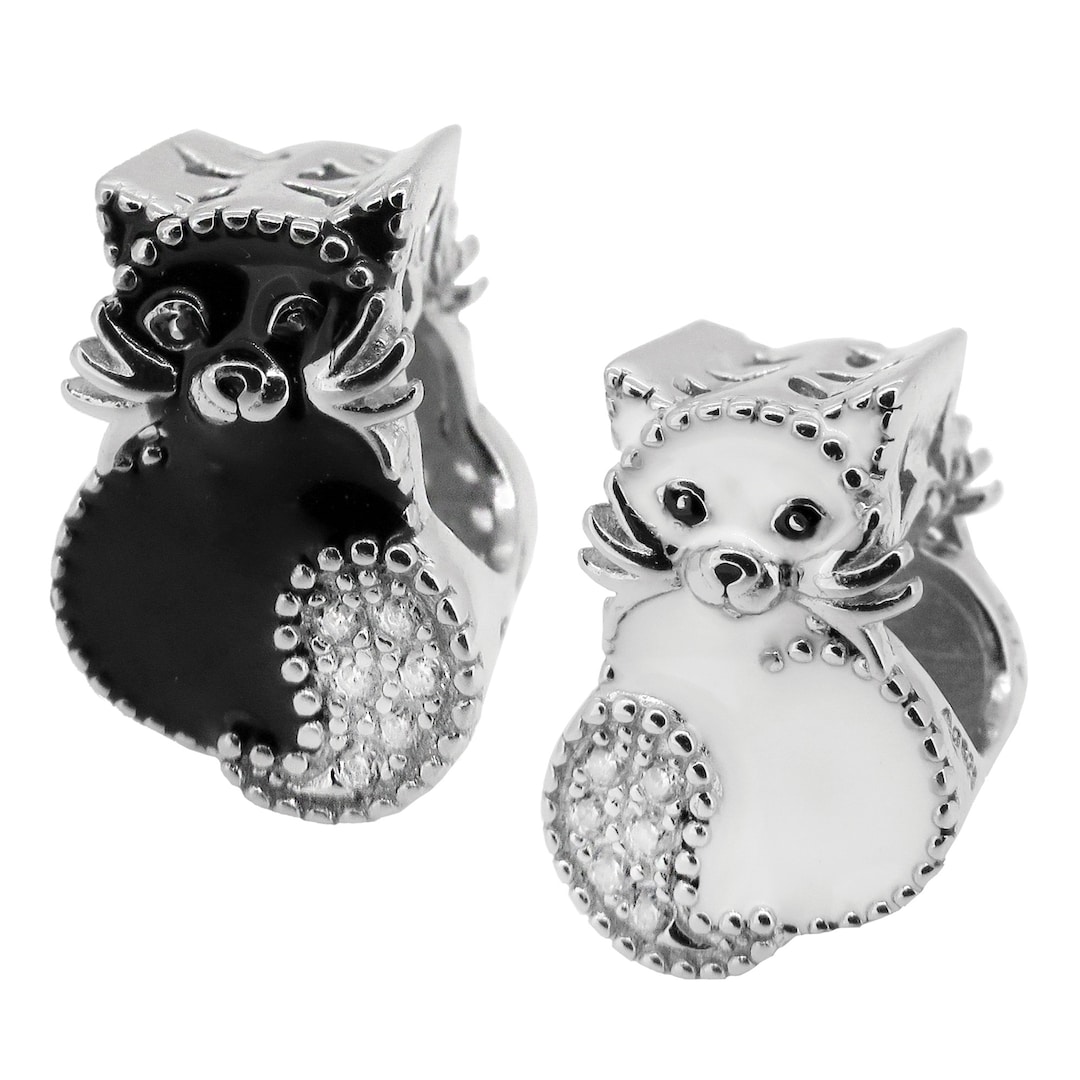 Cat, Black/white W/czs Charm Bead, Real Sterling Silver, Pandora, Zable ...