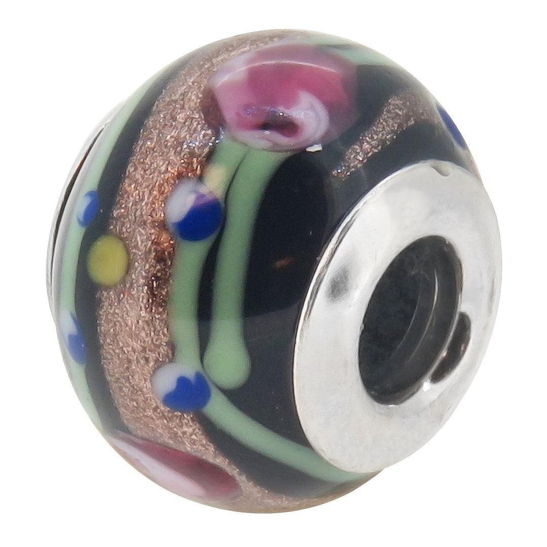 Black Murano Glass Charm Bead, Flowers, Real Sterling Silver, Fits ...
