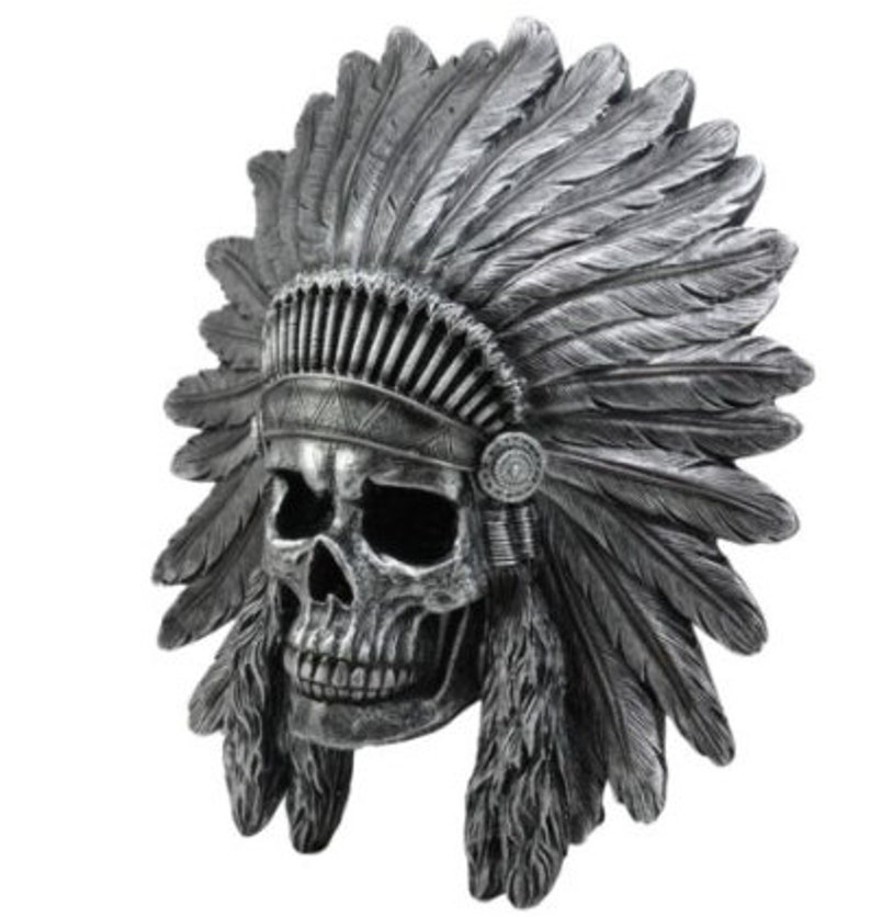 Large Native Indian Chieftain Warrior Skull With Roach Headdress Wall ...