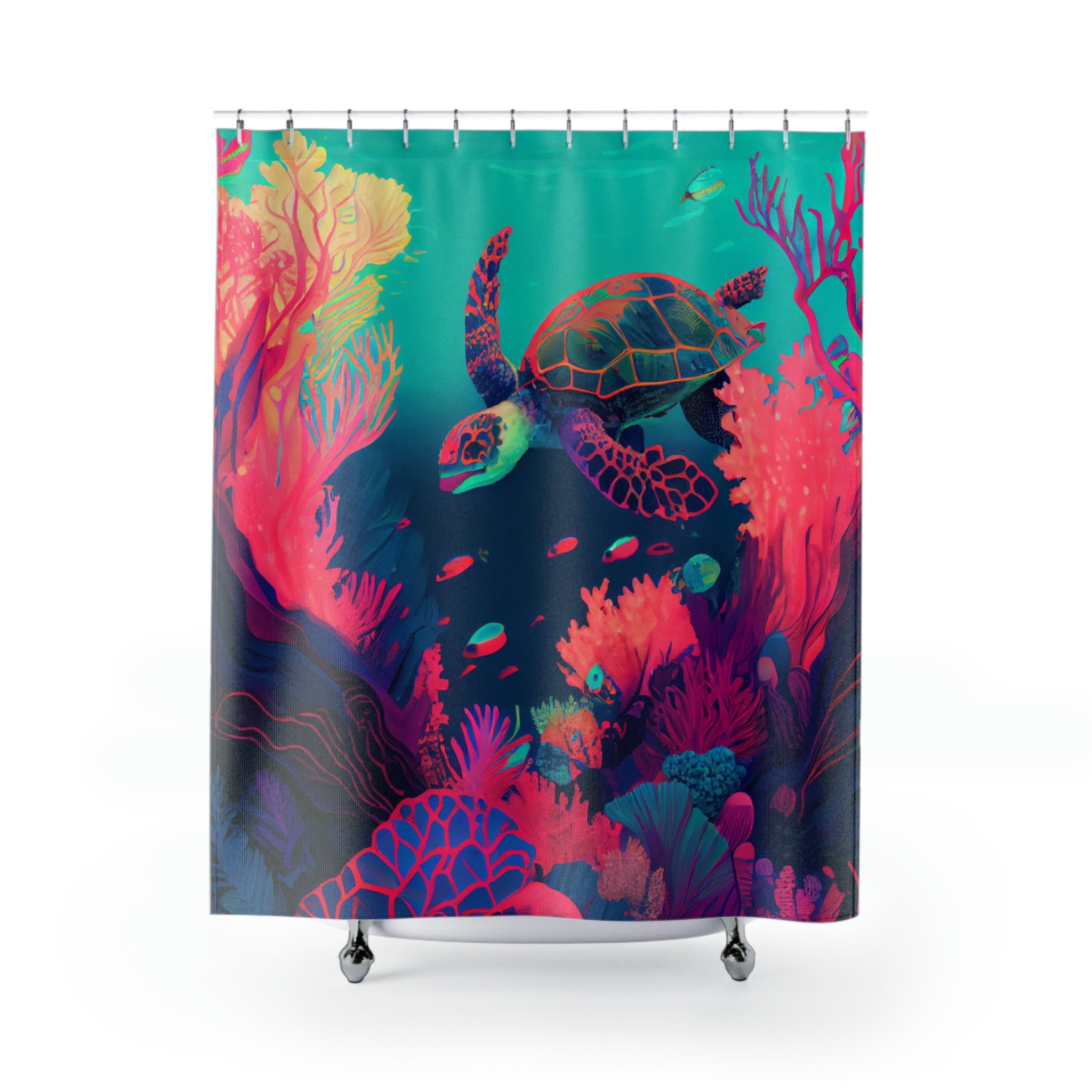 Coral Reef Oasis: Vibrant & Bold Sea Turtle Shower Curtain Abstract Aesthetic, Exotic Ocean Life ...