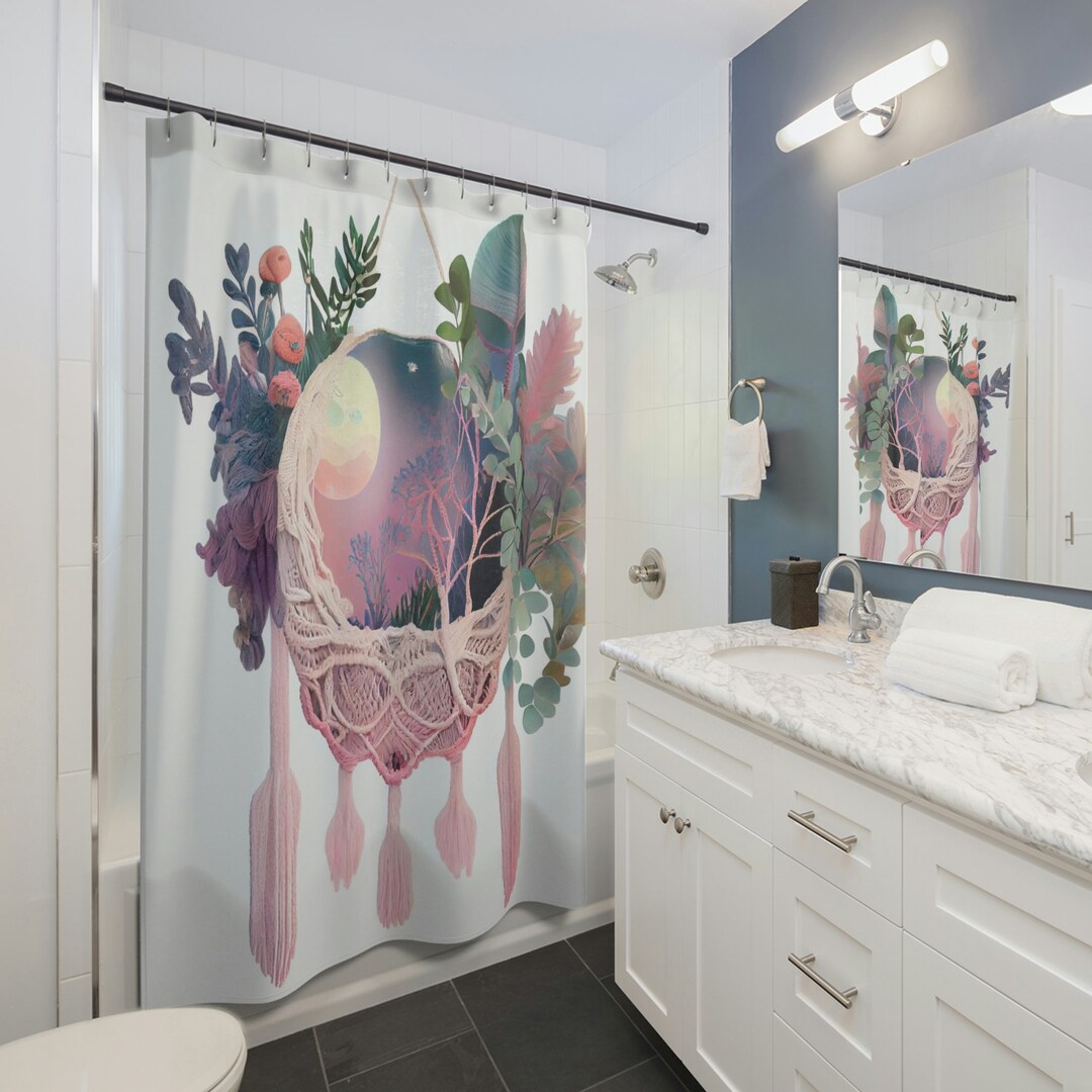 Dreamy Boho Celestial Macramé Shower Curtain Moon Phases, Pastel Purple ...
