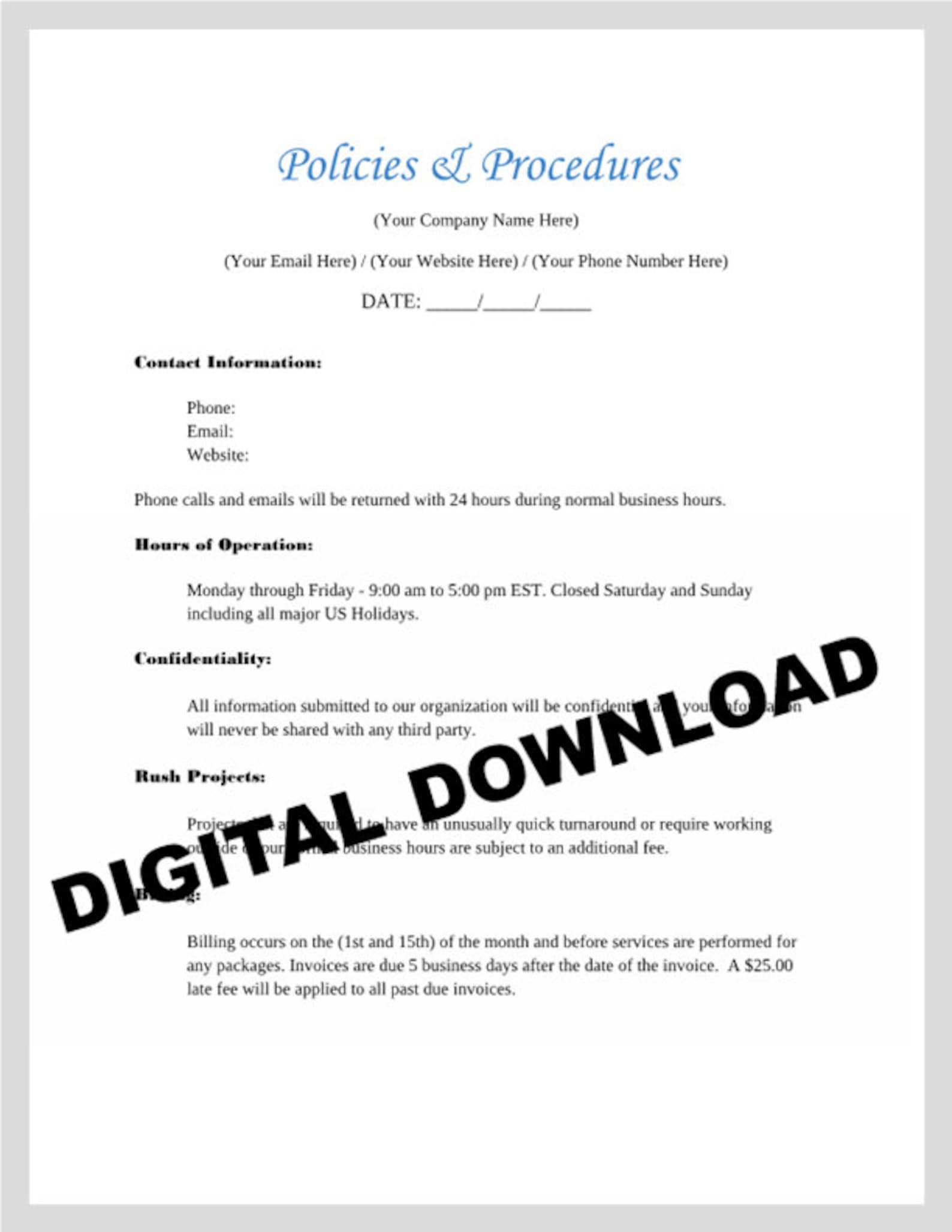 Policies & Procedures Form | Editable Policy Template | Procedure ...