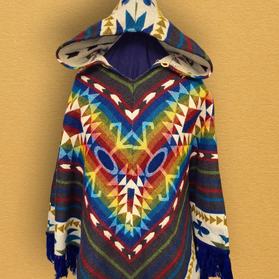 Incan Design Alpaca Wool Triangle Ponchos With Hood Vibrant Colours ...