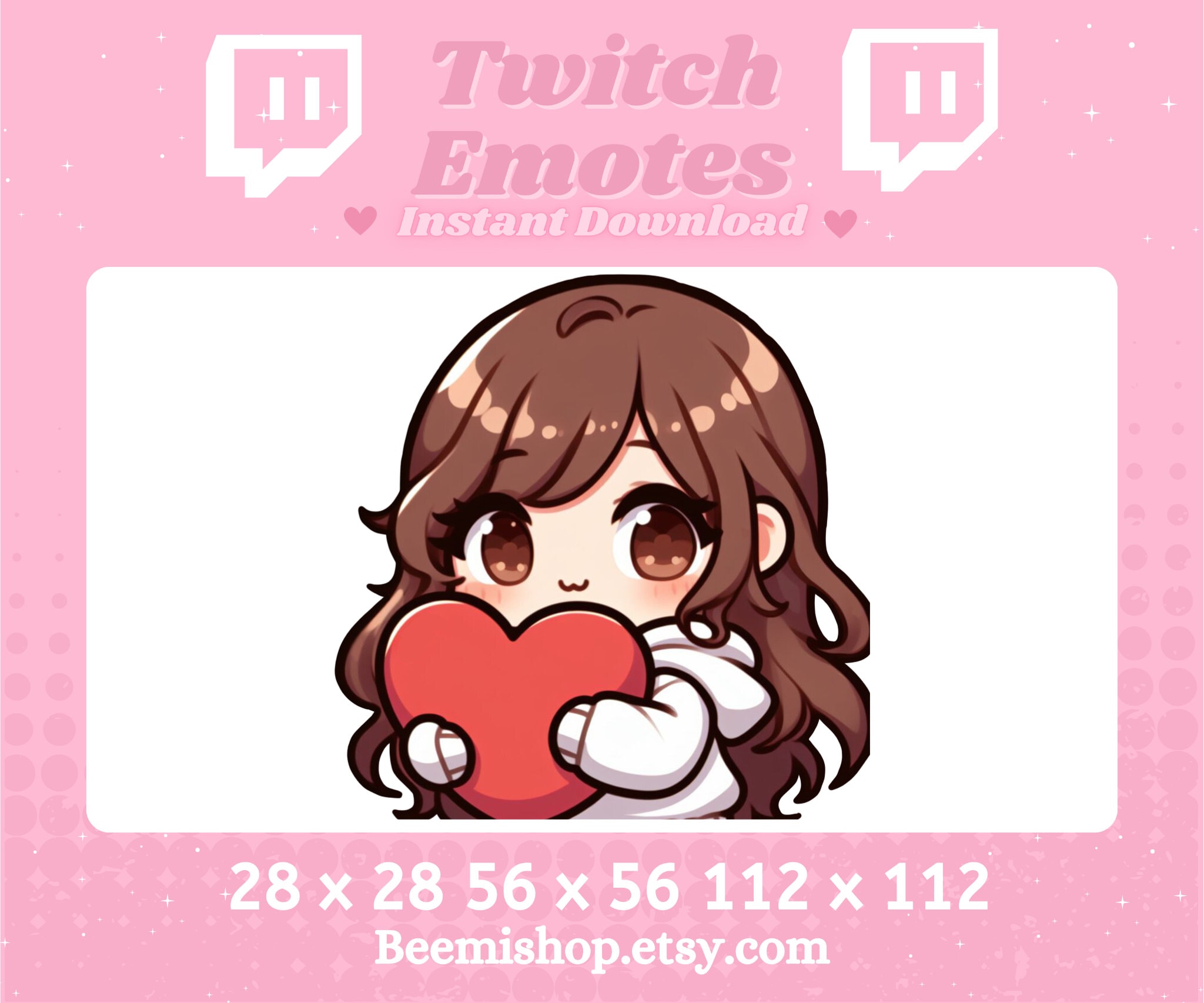 Twitch Discord Emote Cute Curly Hair Chibi Girl Emotes Love Heart Brown ...