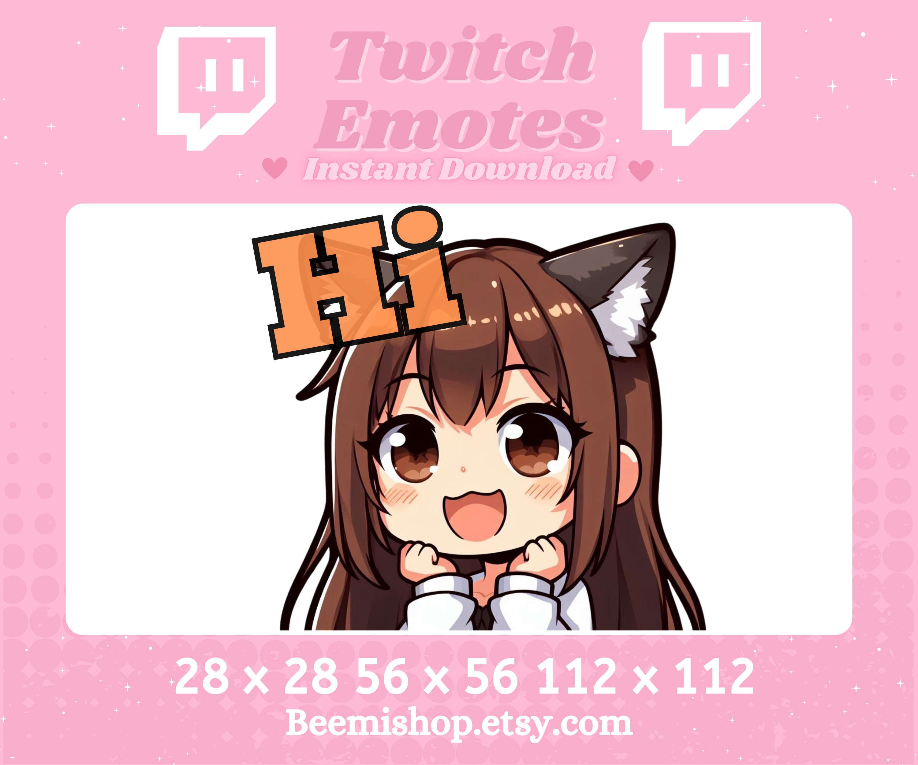 Twitch Discord Emote Cat Girl Emotes Happy Cute Brunette Cat Ears Kawaii Hi Hello Youtube Server ...