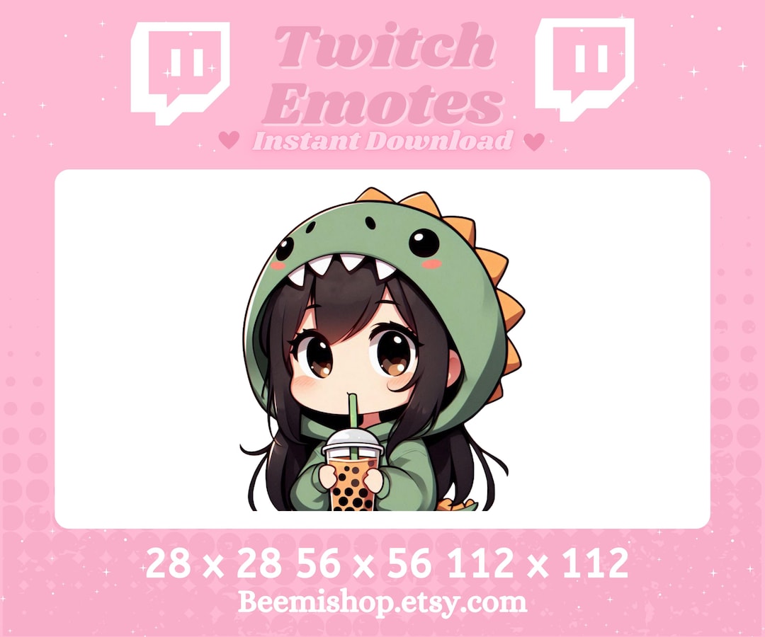Dinosaur Chibi Girl Drinking Boba Tea Long Black Hair Brown Eyes Happy ...