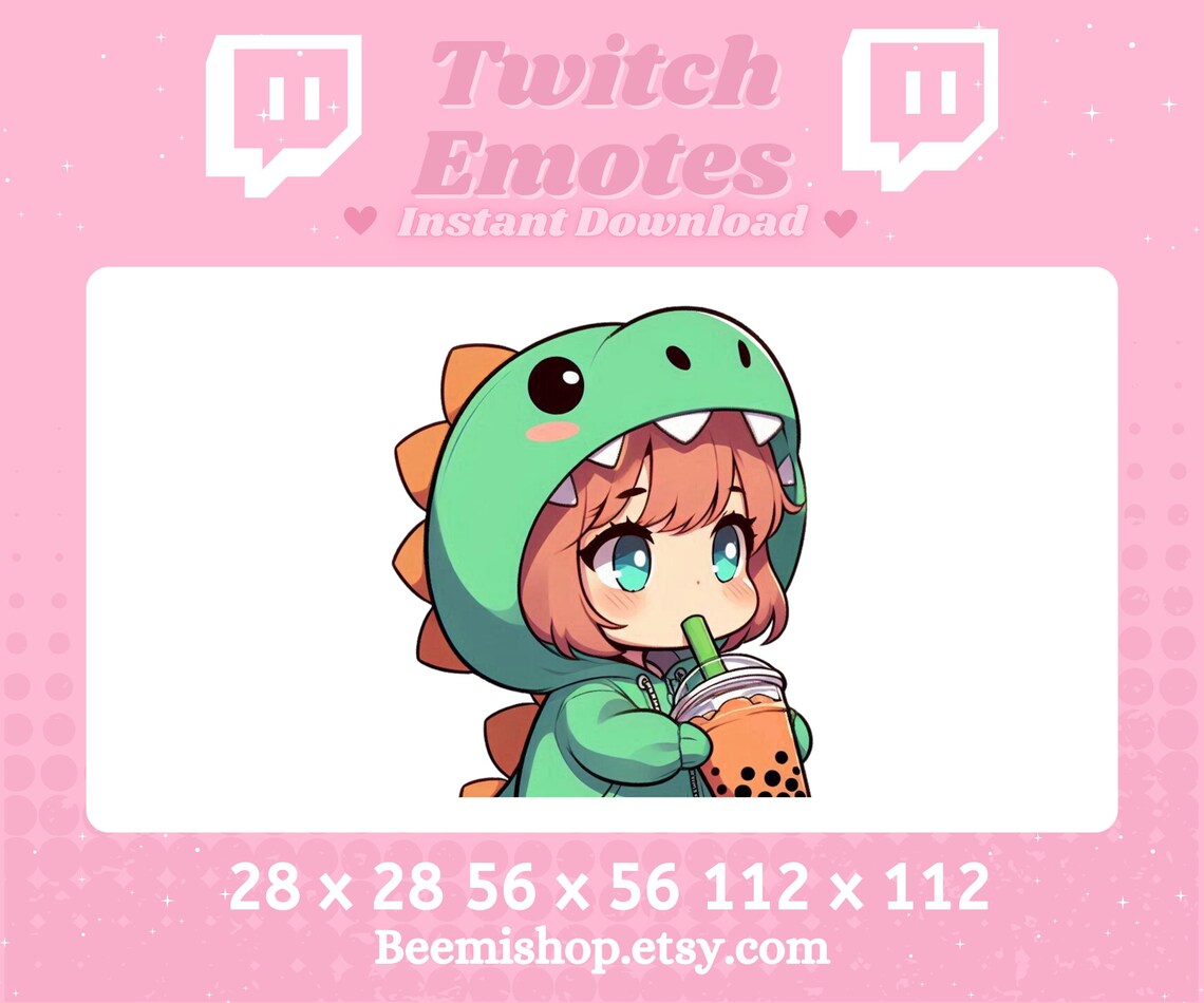 Dinosaur Chibi Girl Drinking Boba Tea Short Hair Blue Eyes Happy Kawaii ...