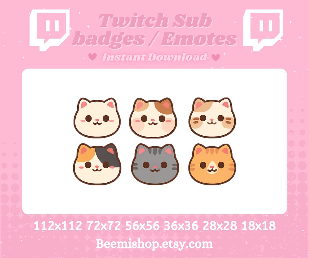 6 Cat Twitch Sub Badges – Kawaii Kitten Face Icons Pack, Calico Tabby ...