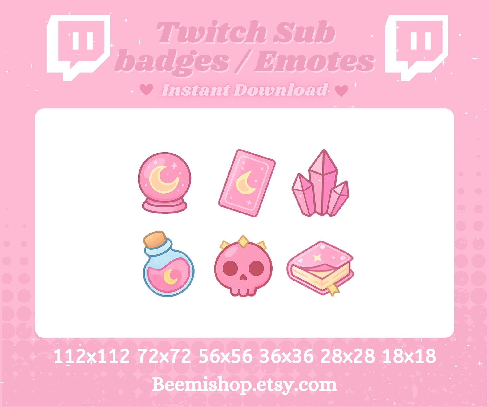 6 Witchy Pink Twitch Sub Badges – Emotes Magical Crystal Book Skull ...