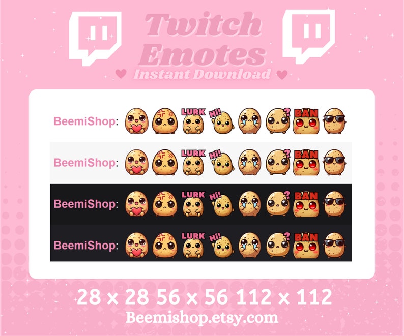 Twitch Discord Emote 8 Potato Emotes Set Pack Cute Happy Sad Coo Lurk ...