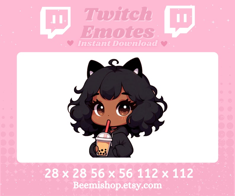 Chibi Black Cat Girl Drinking Boba Tea Stream Curly Hair Brown Eyes ...