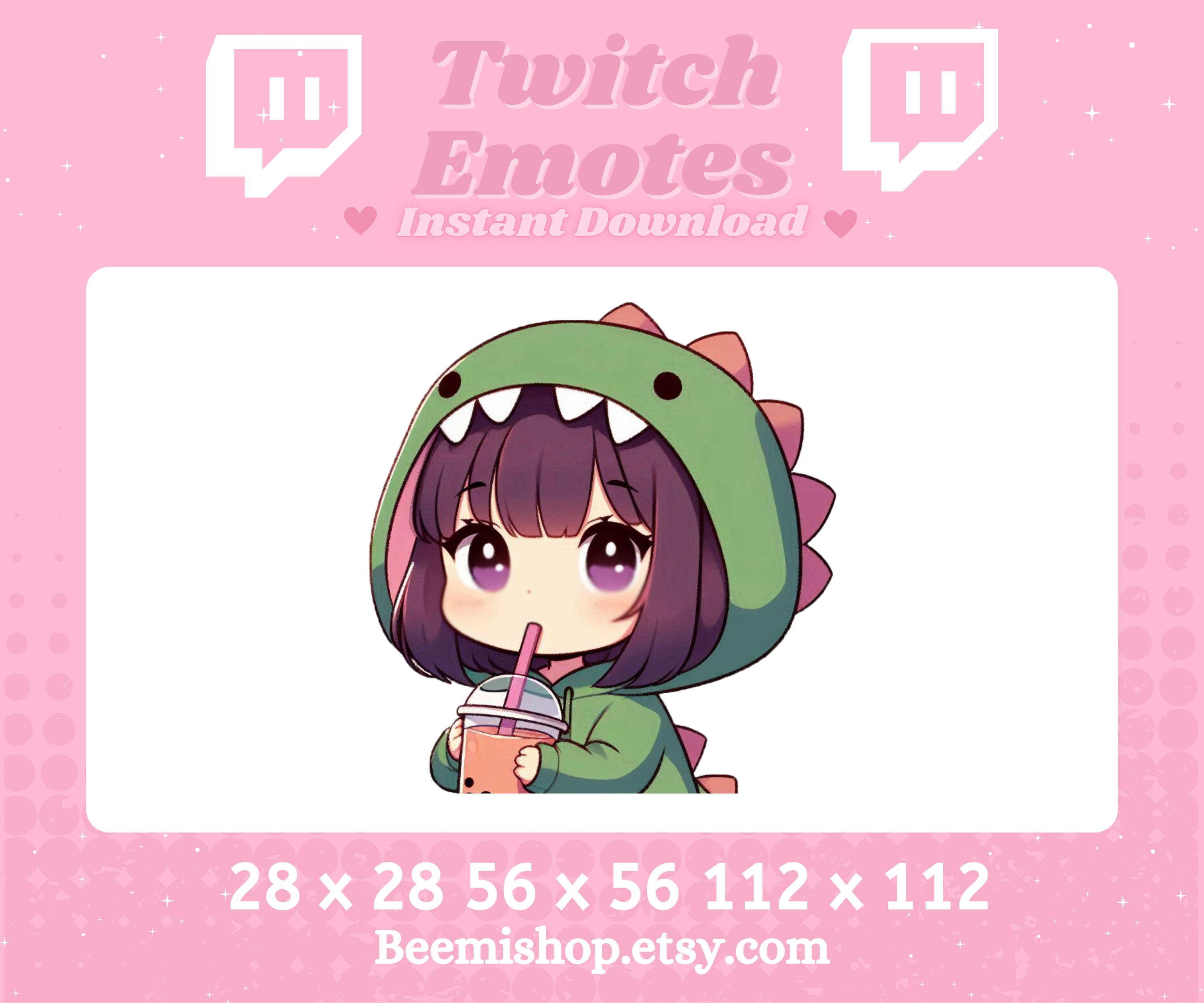 Dinosaur Chibi Girl Drinking Boba Tea Short Brown Hair Purple Eyes ...