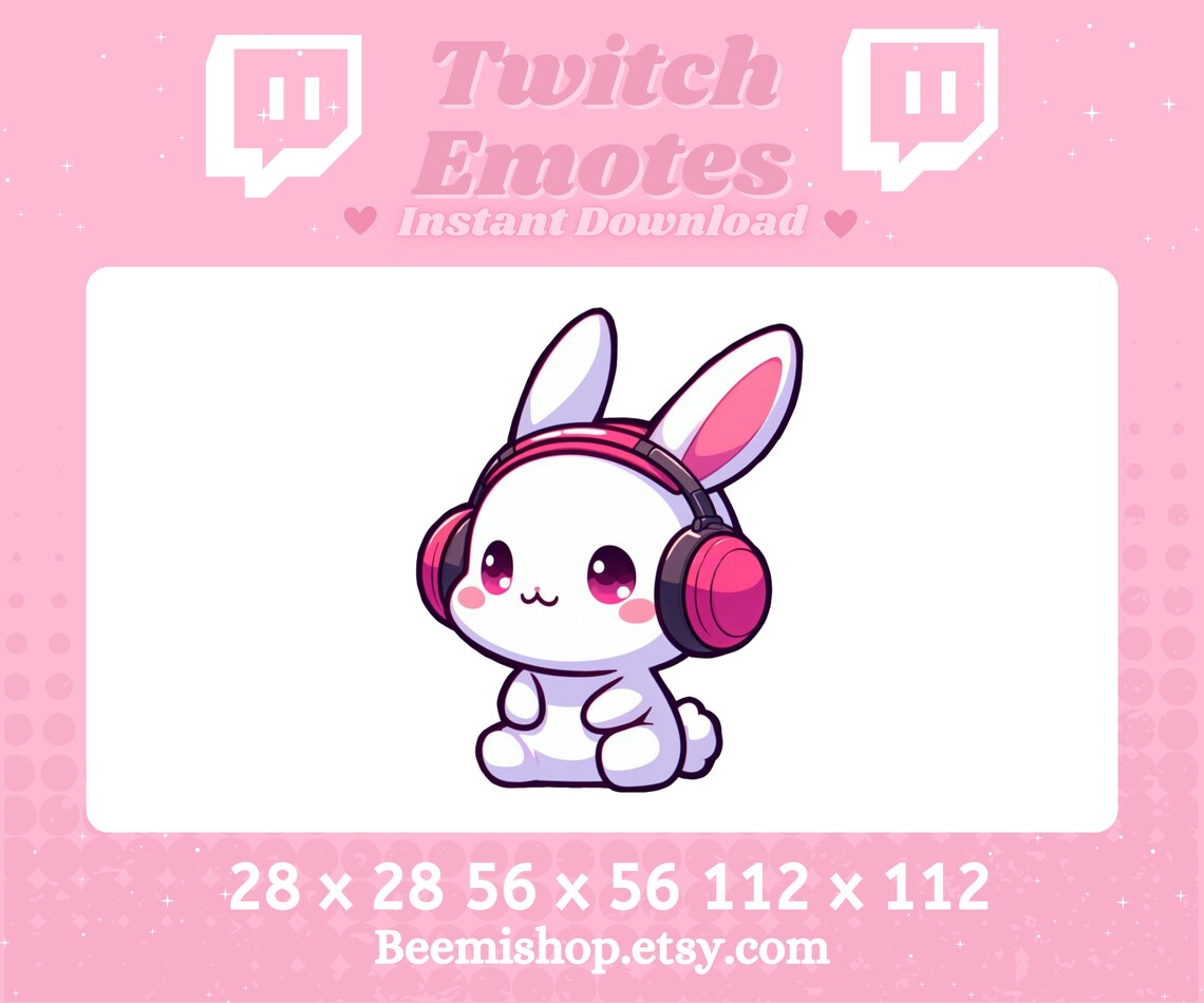 Cute White Bunny Pink Headset Gamer Happy Vibing Chibi Animal Adorable ...