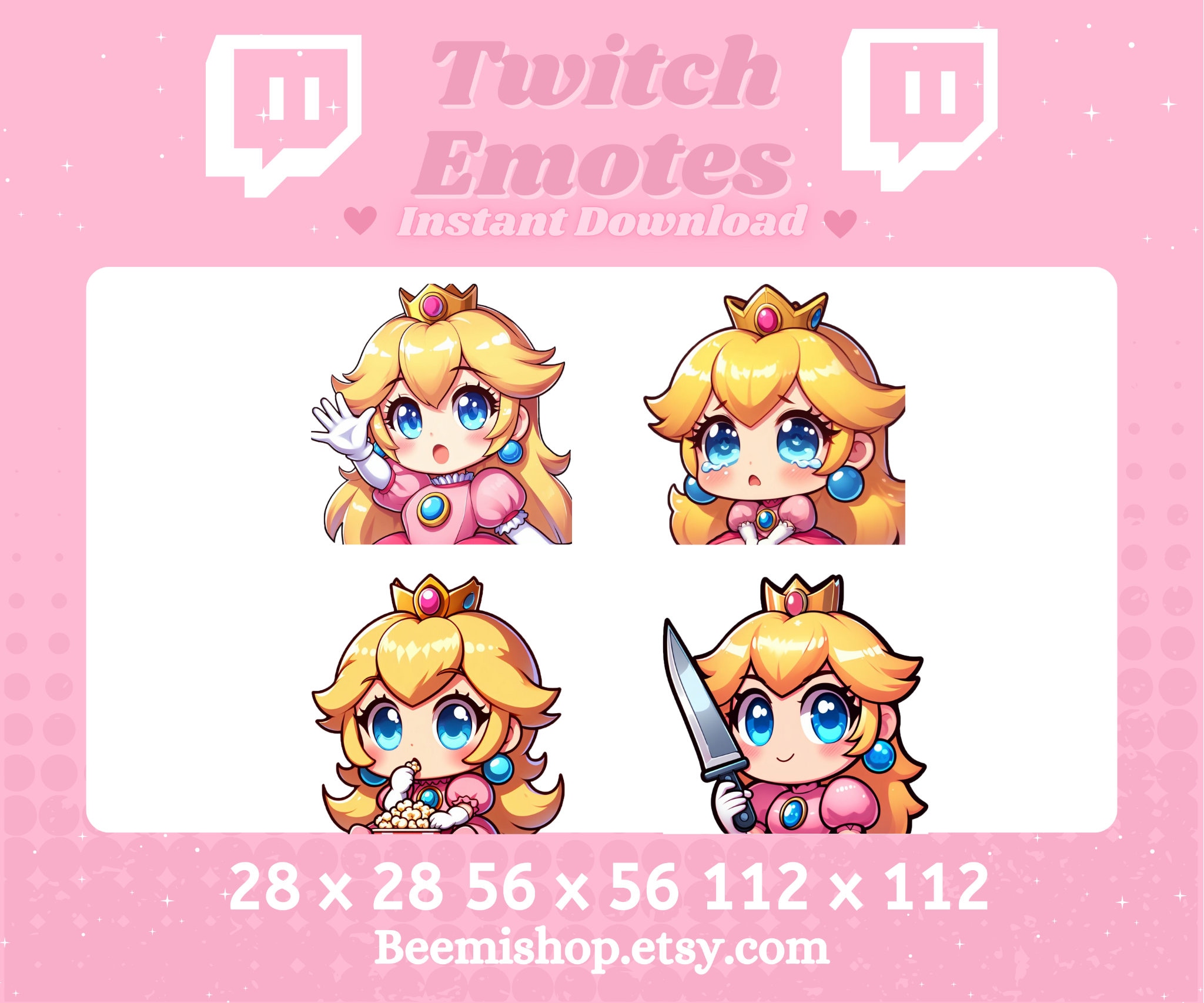 Twitch Discord Emote Cute Princess Peach Emotes Popcorn Pack Chibi Girl ...