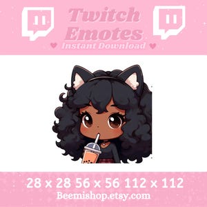 Chibi Black Cat Girl Drinking Boba Tea Bubble Tea Stream Curly Hair ...