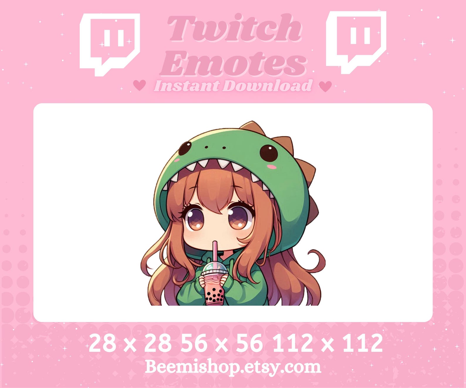 Dinosaur Chibi Girl Drinking Boba Tea Long Brown Hair Brown Eyes Happy ...