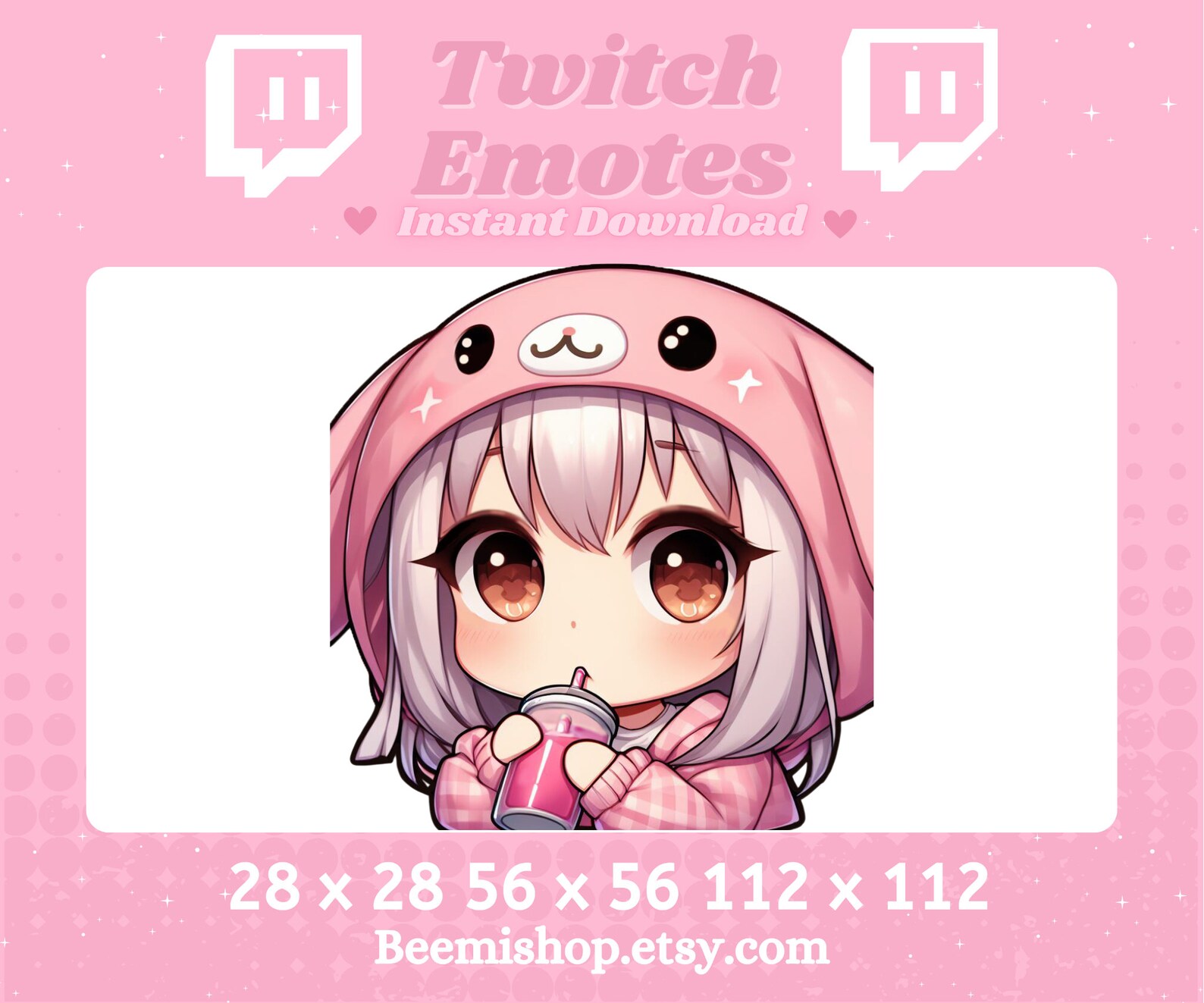 Twitch Discord Emote Cute Chibi Girl Bunny Hoodie White Hair Brown Eyes Drinking Juice Slurp Sip