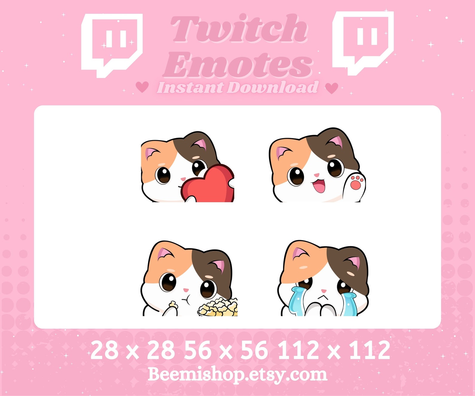 Calico Cat Pack Set Cute Love Heart Eating Popcorn Drama Wave Hi Hello ...