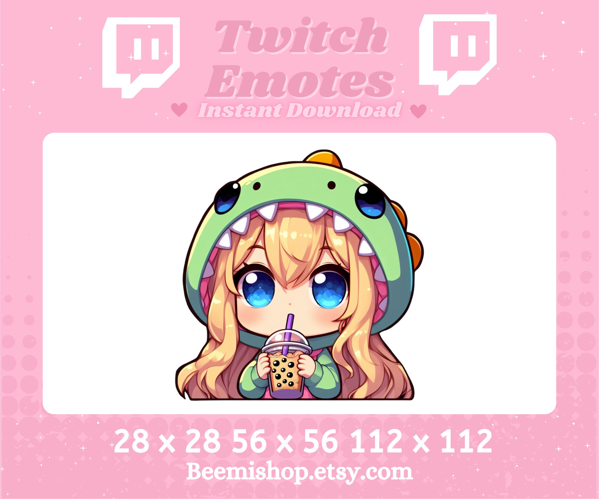 Twitch Discord Emote Cute Chibi Girl Emotes Boba Tea Dinosaur Blonde ...