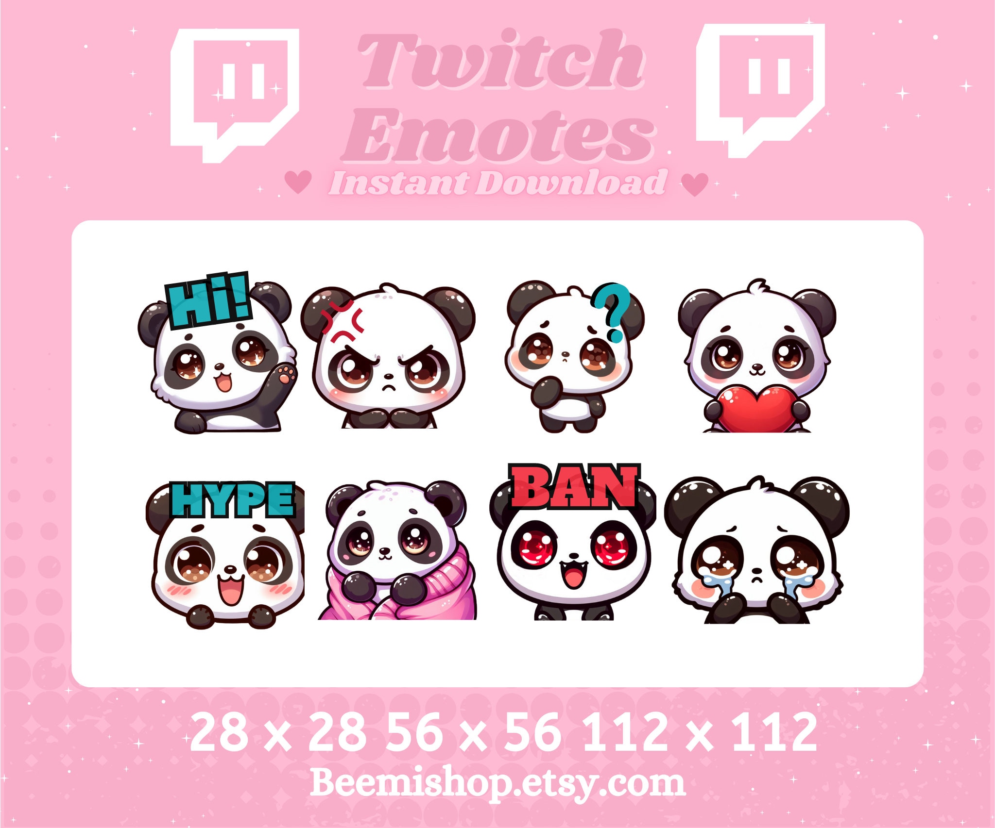 Twitch Discord Emote Cute Panda Pack Set Emotes Happy Hi Crying Sad ...