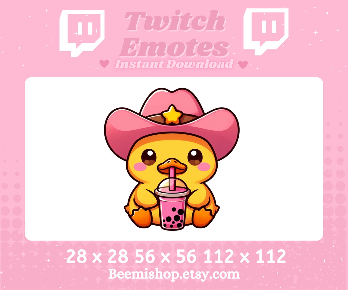 Pink Cowboy Hat Duck Drinking Boba Tea Bubble Tea Kawaii Adorable Twitch Discord Emote Stream ...