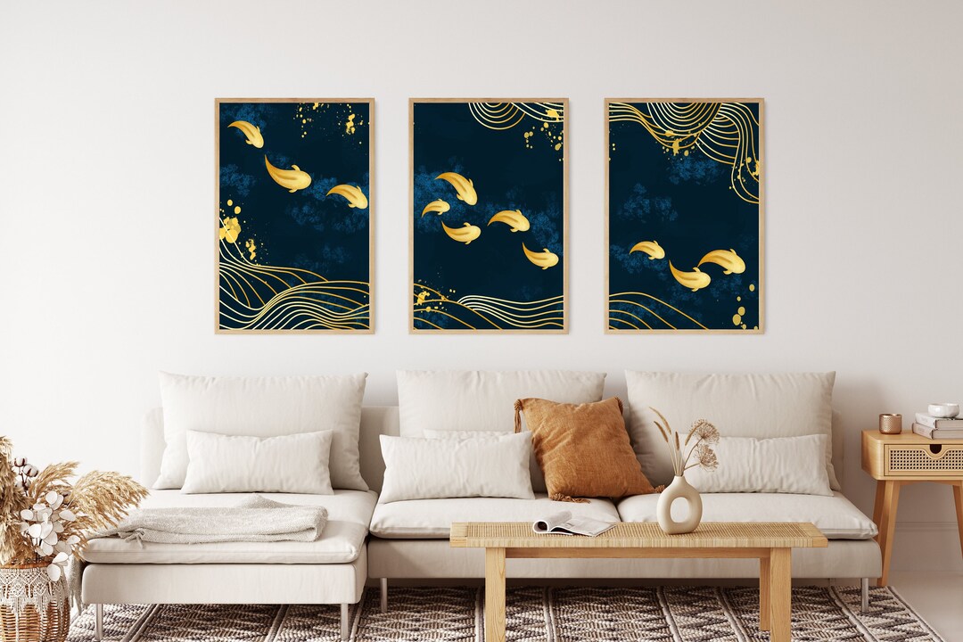 Set of 3 Navy Blue and Gold Wall Art, Navy Blue Abstract, Living Room ...