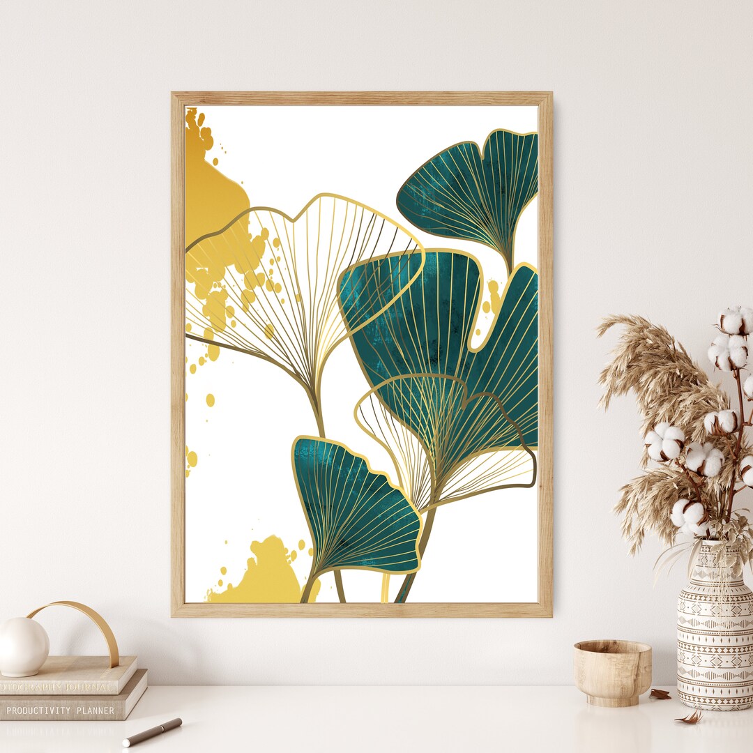 Green and Gold Ginkgo Wall Art, Printable Botanical Leaves Art, Floral ...