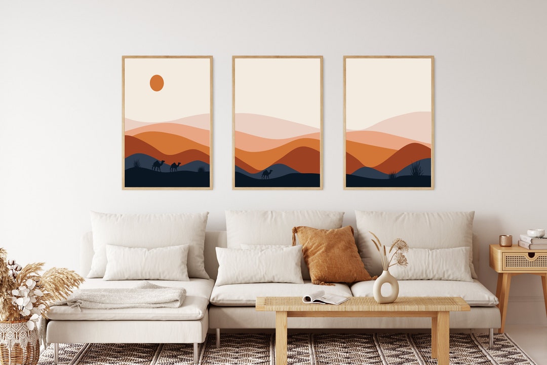 Set of 3 Navy Blue and Orange Wall Art, Minimalist Landscape Digital ...