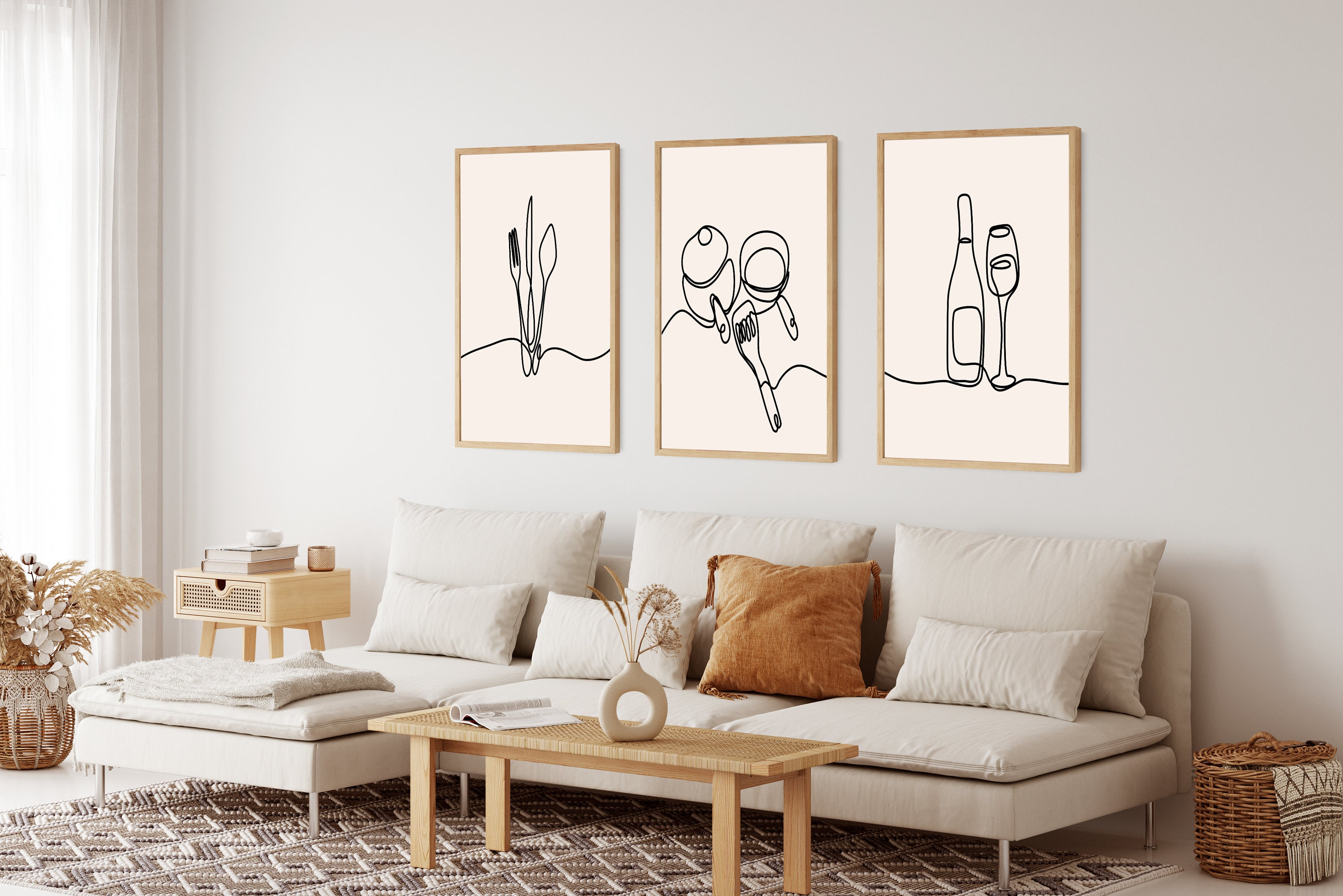 Set of 3 Line Drawing Printable Kitchen Decor, Kitchen Wall Art, Dining ...
