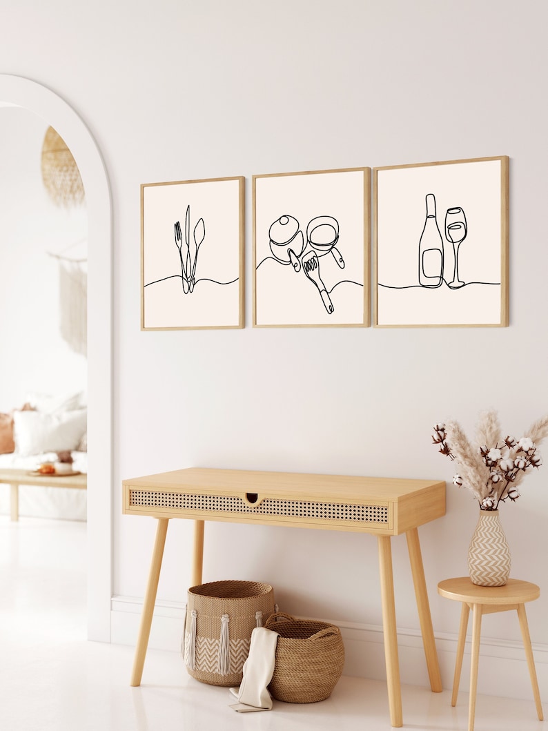 Set of 3 Line Drawing Printable Kitchen Decor, Kitchen Wall Art, Dining ...