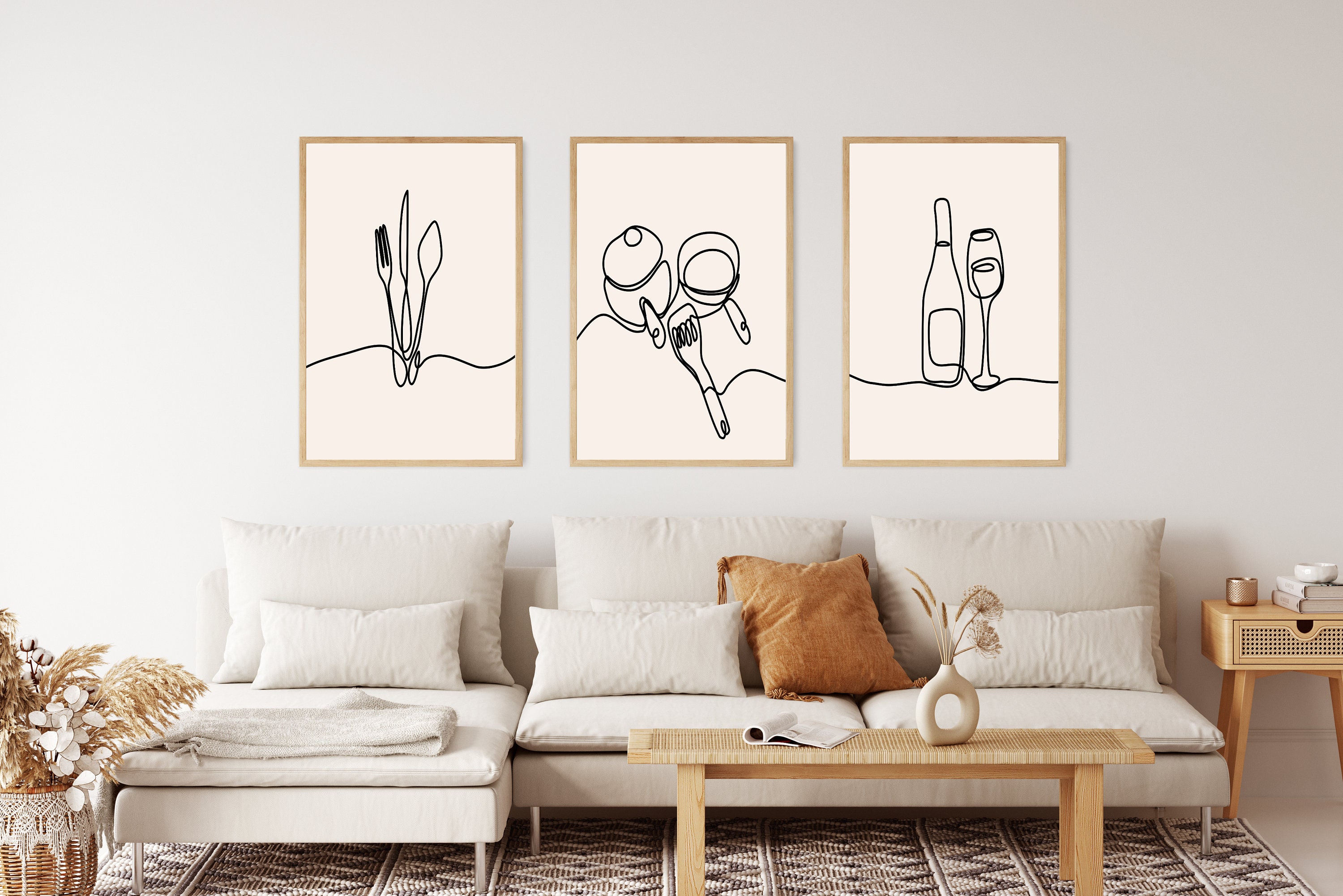 Set of 3 Line Drawing Printable Kitchen Decor, Kitchen Wall Art, Dining ...