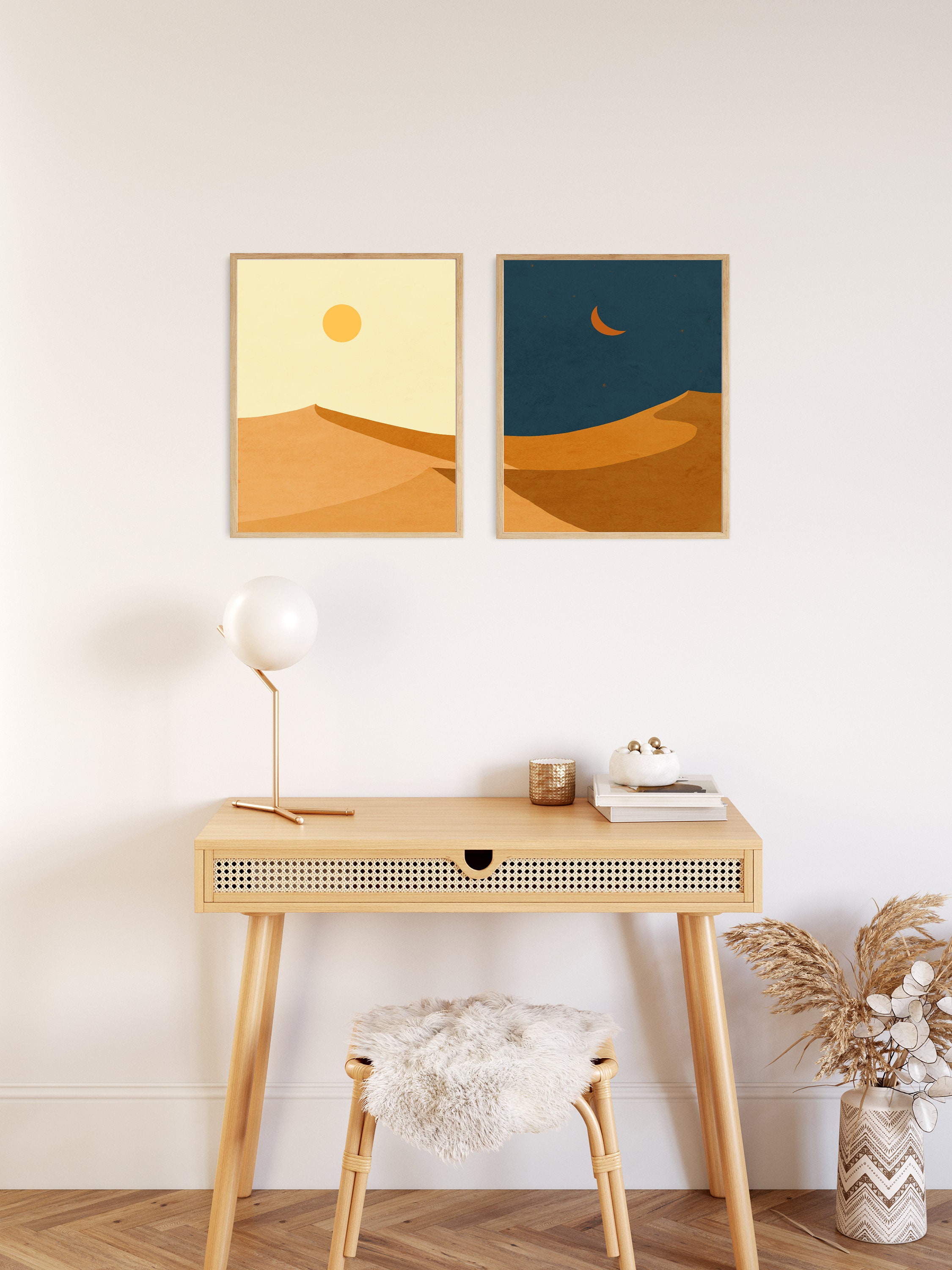 Day and Night Wall Art, Set of 2 Sun and Moon Landscape Digital Print ...