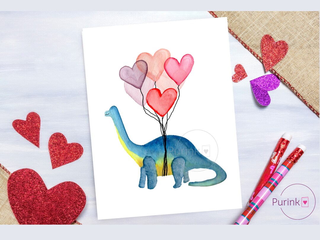 Blue Brachiosaurus Valentine Watercolor Card With Red and Purple Hued ...